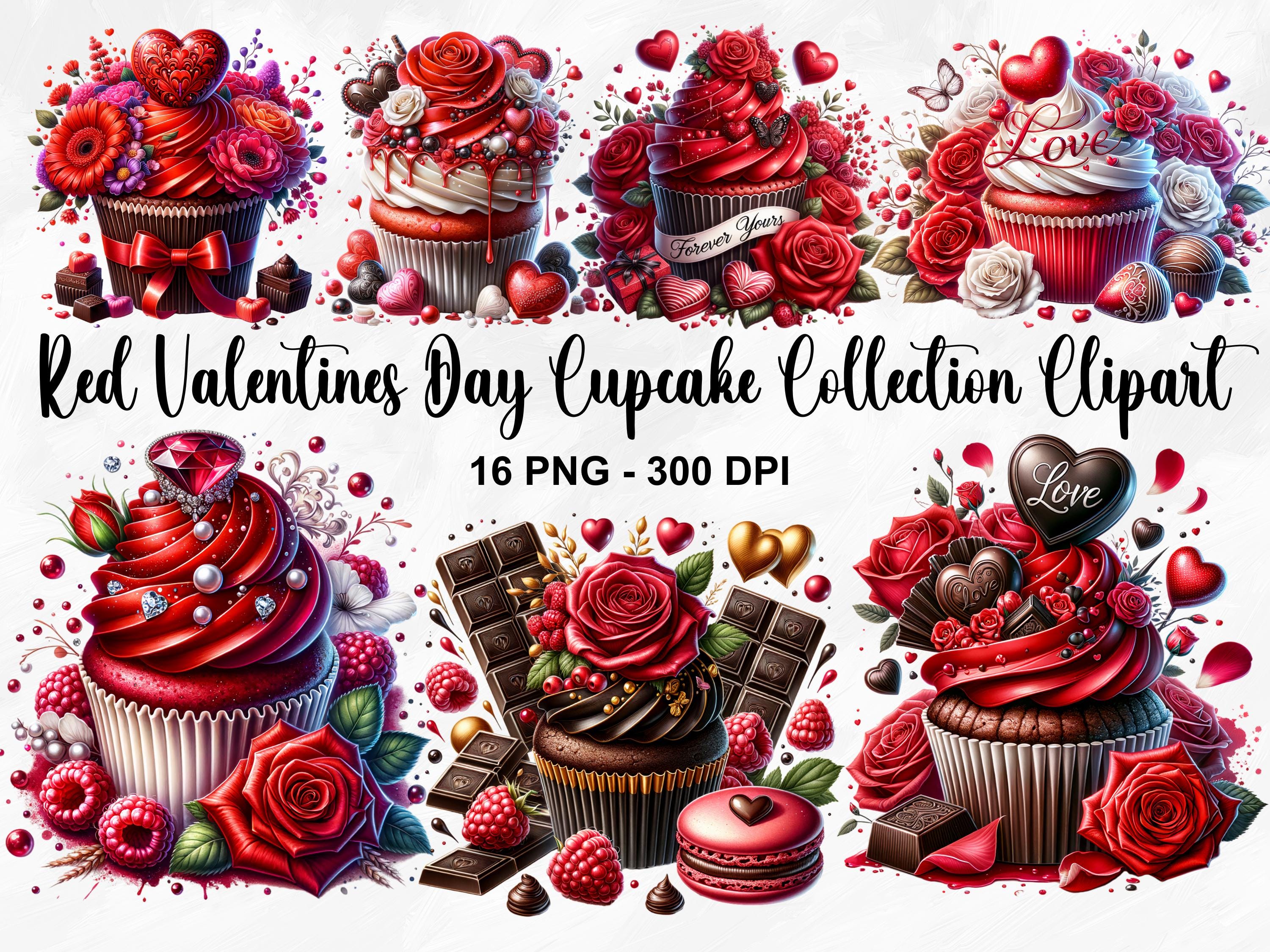 Red Valentines Day Cupcake Collection Clipart, 16 PNG Valentine Clipart ...