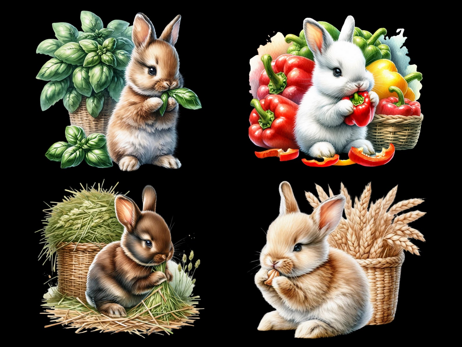 Watercolor Bunny With Food Collection Clipart, 20 PNG Bunny Clipart ...