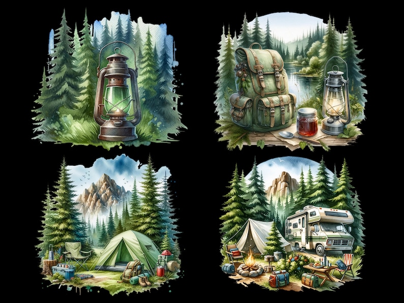 Watercolor Camping Collection Clipart, 24 PNG Mountain Landscape ...