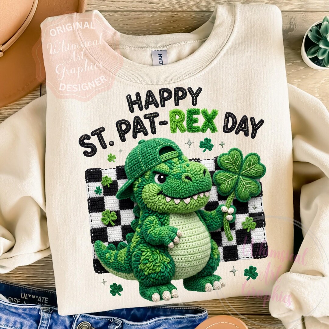 Happy St Pat-rex Day Yarn Crochet PNG, St. Patricks Day Dinosaur Png, T ...