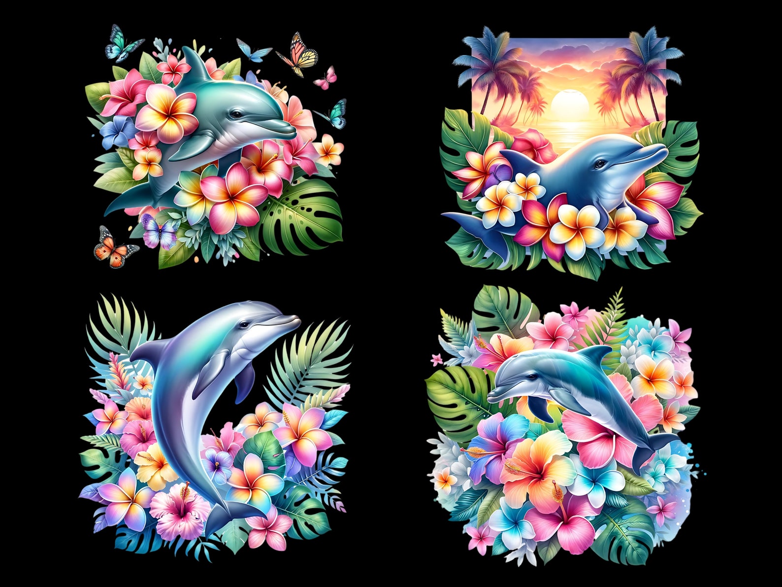 Watercolor Tropical Dolphins Collection Clipart, 24 PNG Sea Animal ...