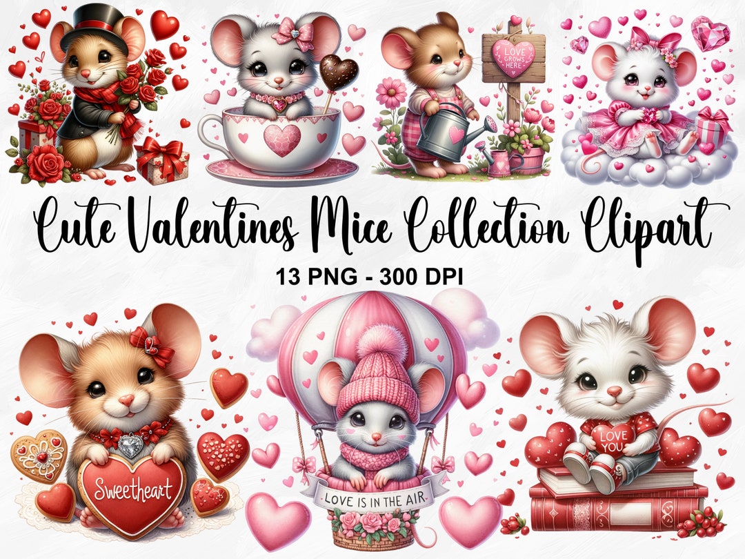 Watercolor Cute Valentines Mice Collection Clipart, 13 PNG Valentines ...