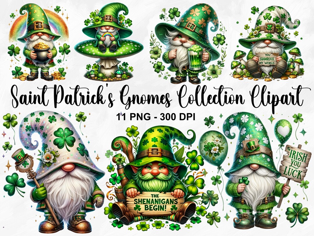 Watercolor Saint Patricks Gnomes Clipart, 11 PNG Festive Gnomes Clipart ...