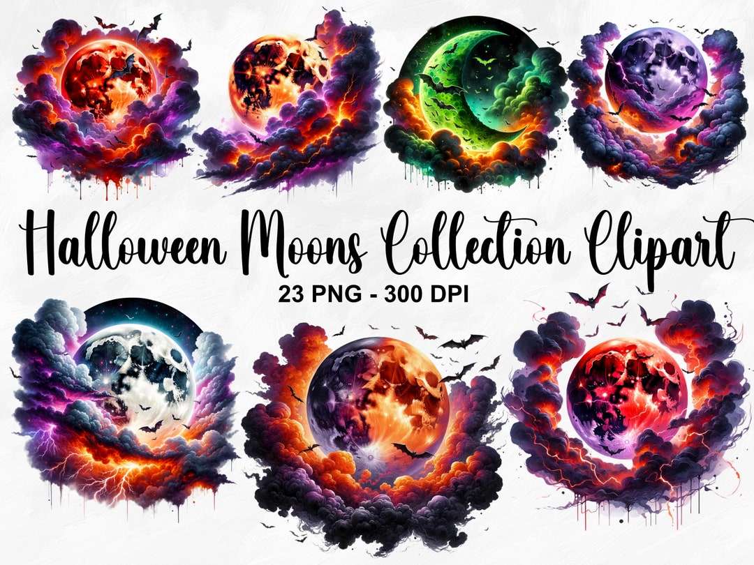 Watercolor Halloween Moons Collection Clipart, 23 PNG Halloween Clipart ...