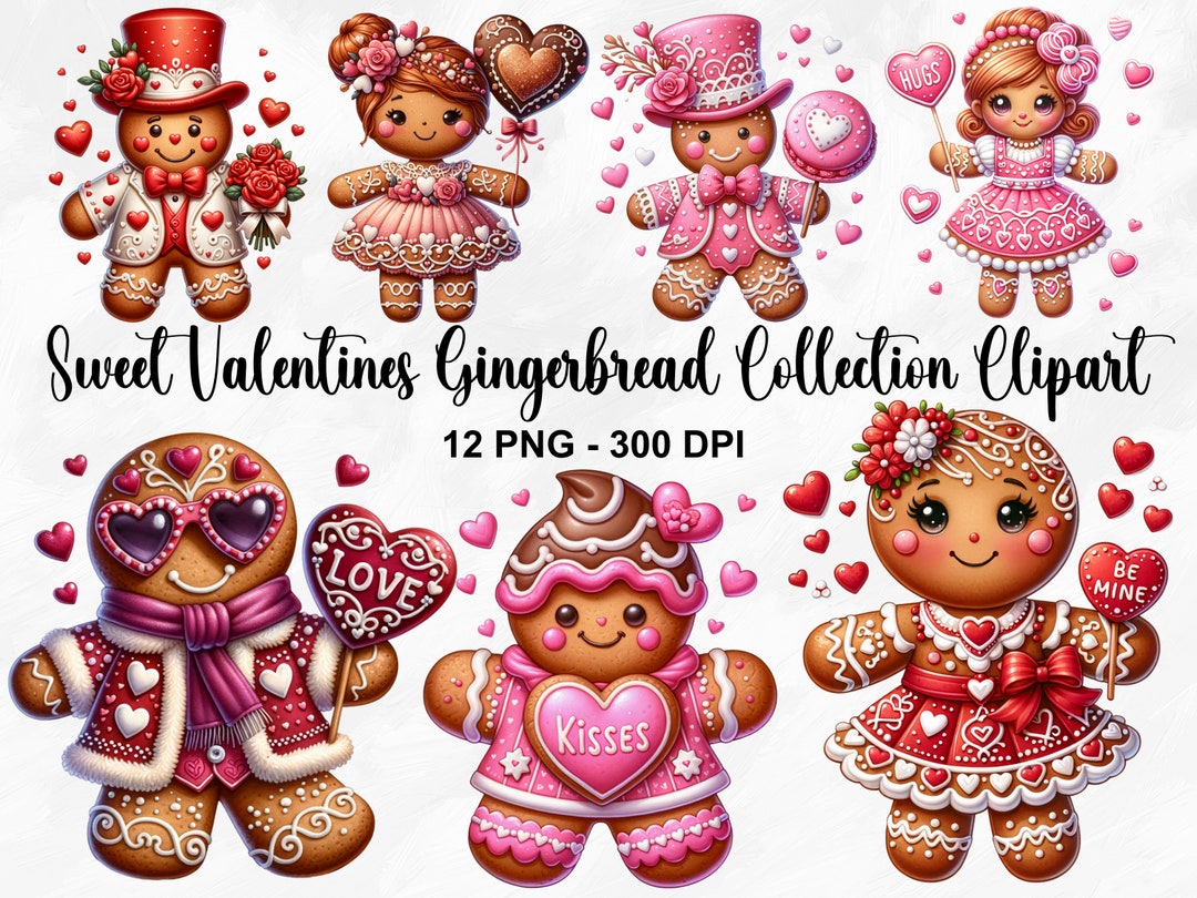 Watercolor Sweet Valentines Gingerbread Collection Clipart, 12 PNG ...