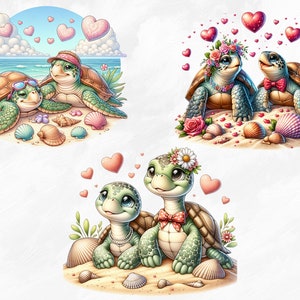 Watercolor Cute Sea Turtle Couple Clipart, 12 PNG Valentines Day ...