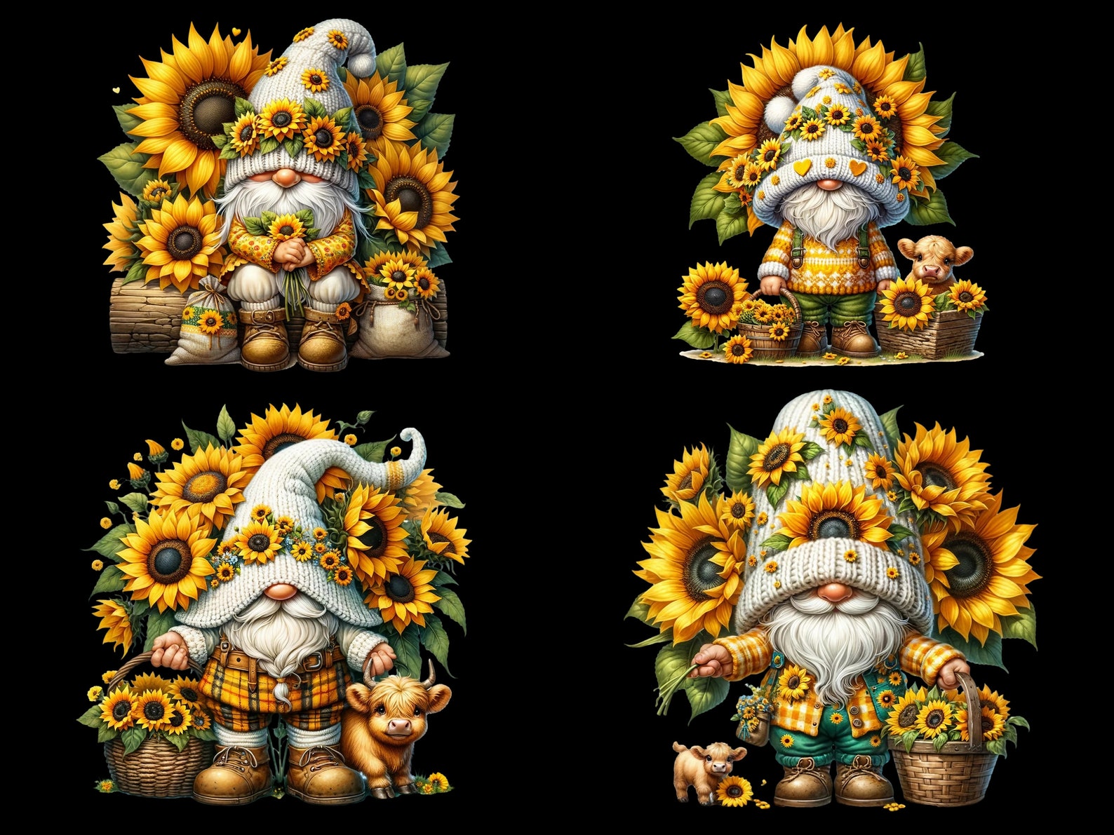 Watercolor Sunflower Gnomes Collection Clipart, 25 PNG Highland Cow ...