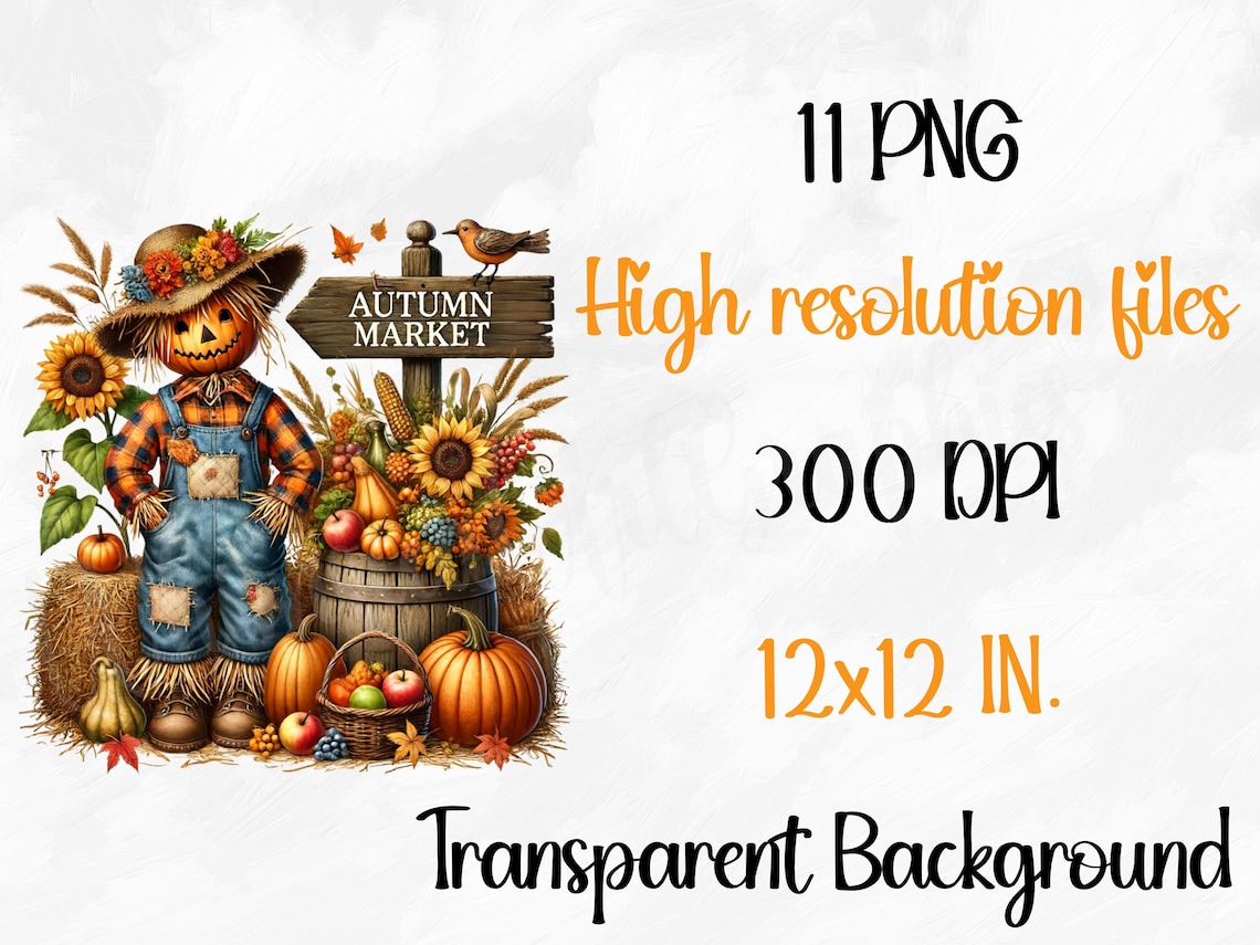 Watercolor Fall Scarecrows Collection Clipart, 11 PNG Autumn Clipart ...