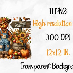 Watercolor Fall Scarecrows Collection Clipart, 11 PNG Autumn Clipart ...