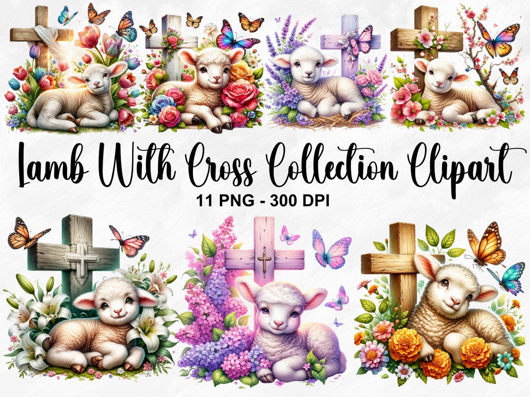 Watercolor Lamb With Cross Collection Clipart, 11 PNG Flower Crucifix ...