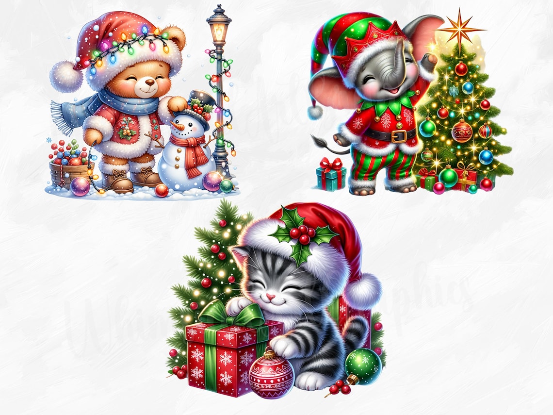 Watercolor Cute Christmas Animals Collection Clipart, 12 PNG Christmas ...