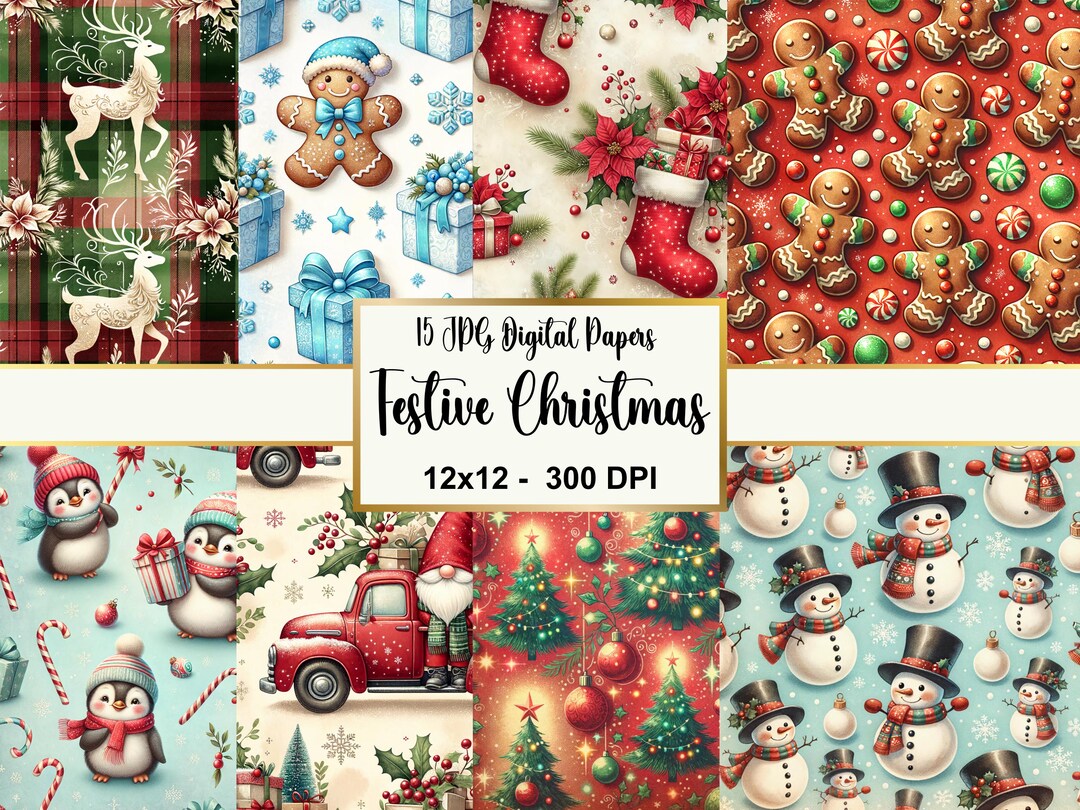 Watercolor Festive Christmas Digital Paper, Holiday Scrapbook Papers ...