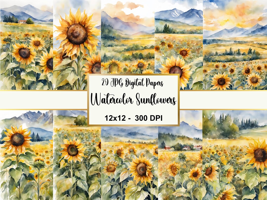 Watercolor Sunflowers Digital Paper, Sunflower Paper Pack, Mountain ...