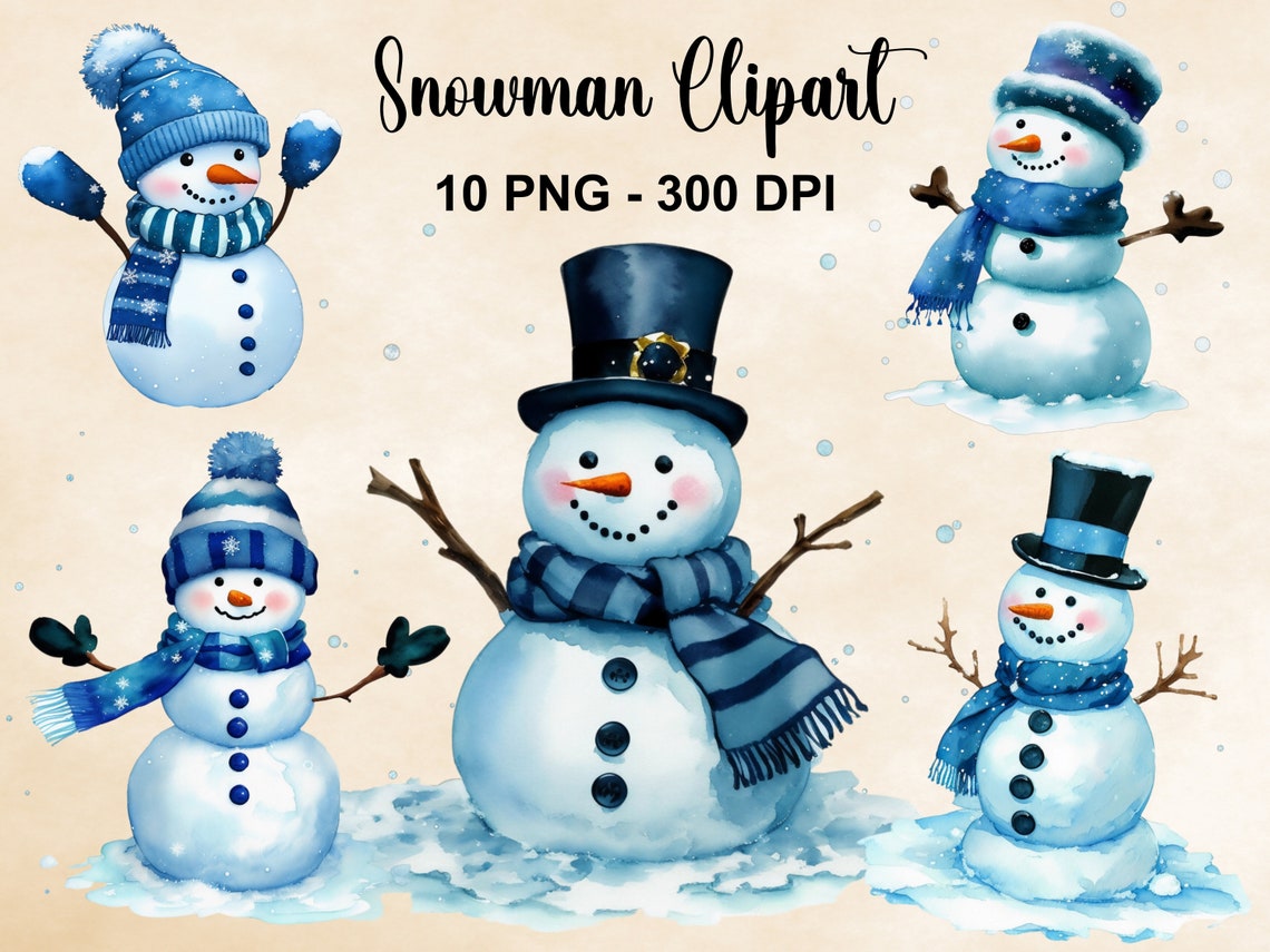 Watercolor Snowman Clipart 10 PNG Snowman Clip Art Christmas - Etsy