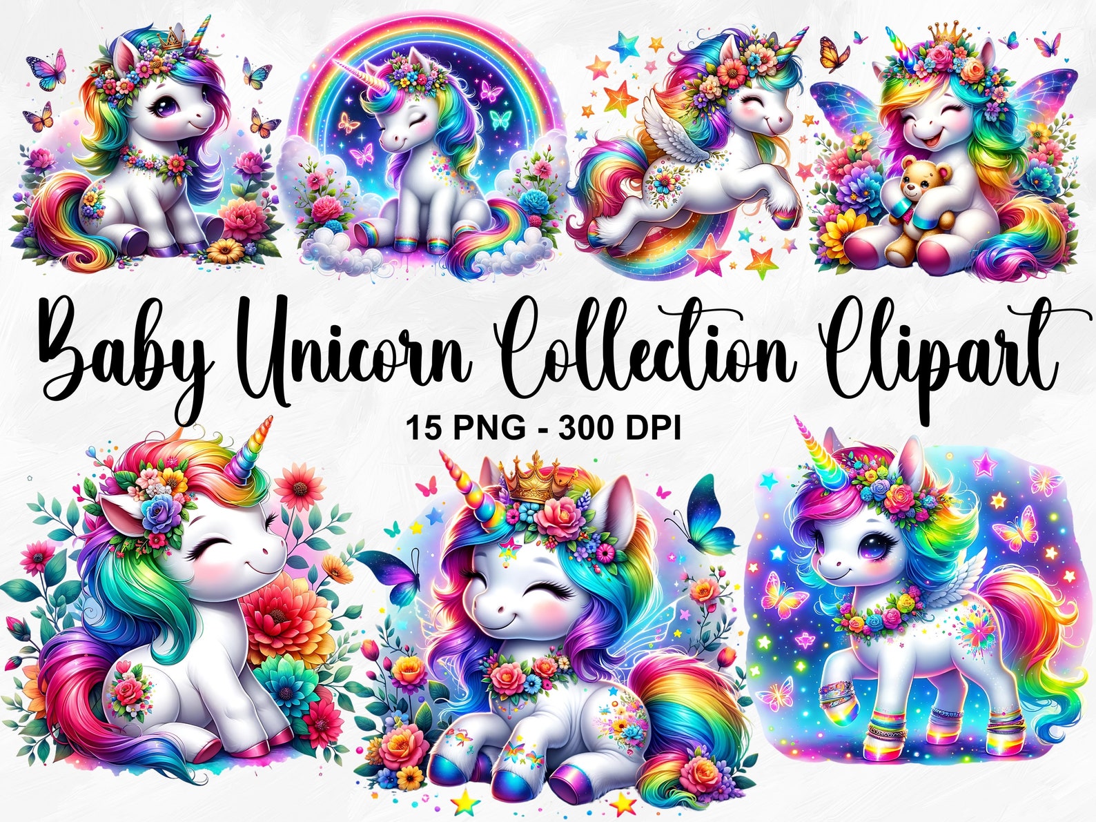 Watercolor Baby Unicorn Collection Clipart, 15 PNG Unicorn Clipart ...