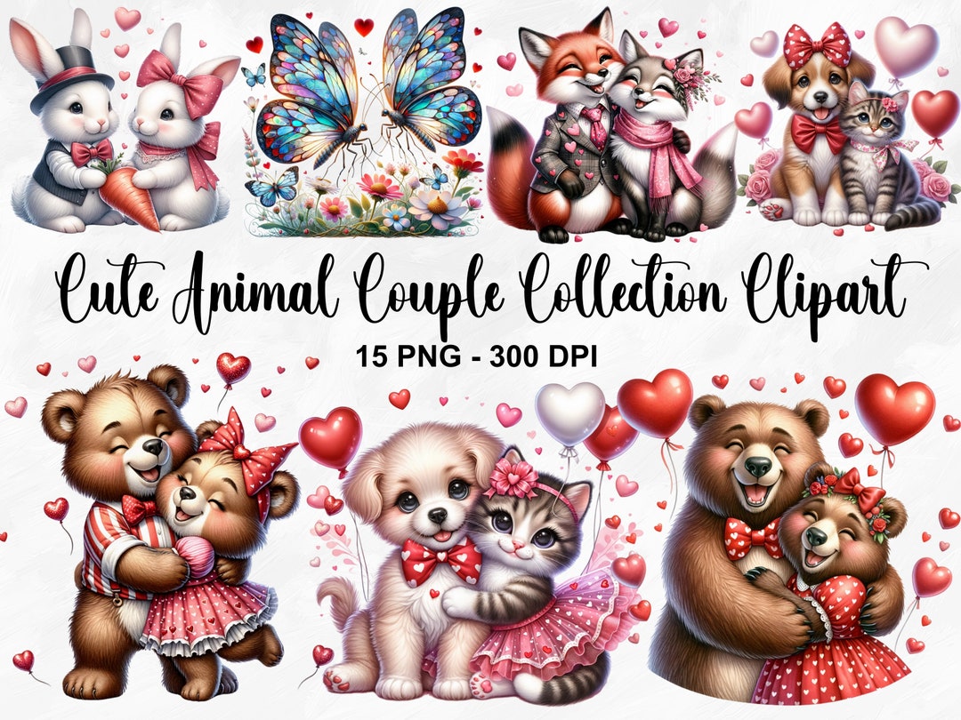 Watercolor Cute Animal Couple Clipart, 15 PNG Valentines Day Clipart ...