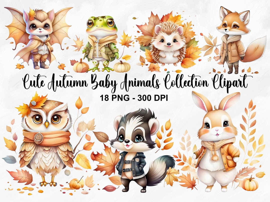 Watercolor Cute Autumn Baby Animals Collection Clipart, 18 PNG Cute ...