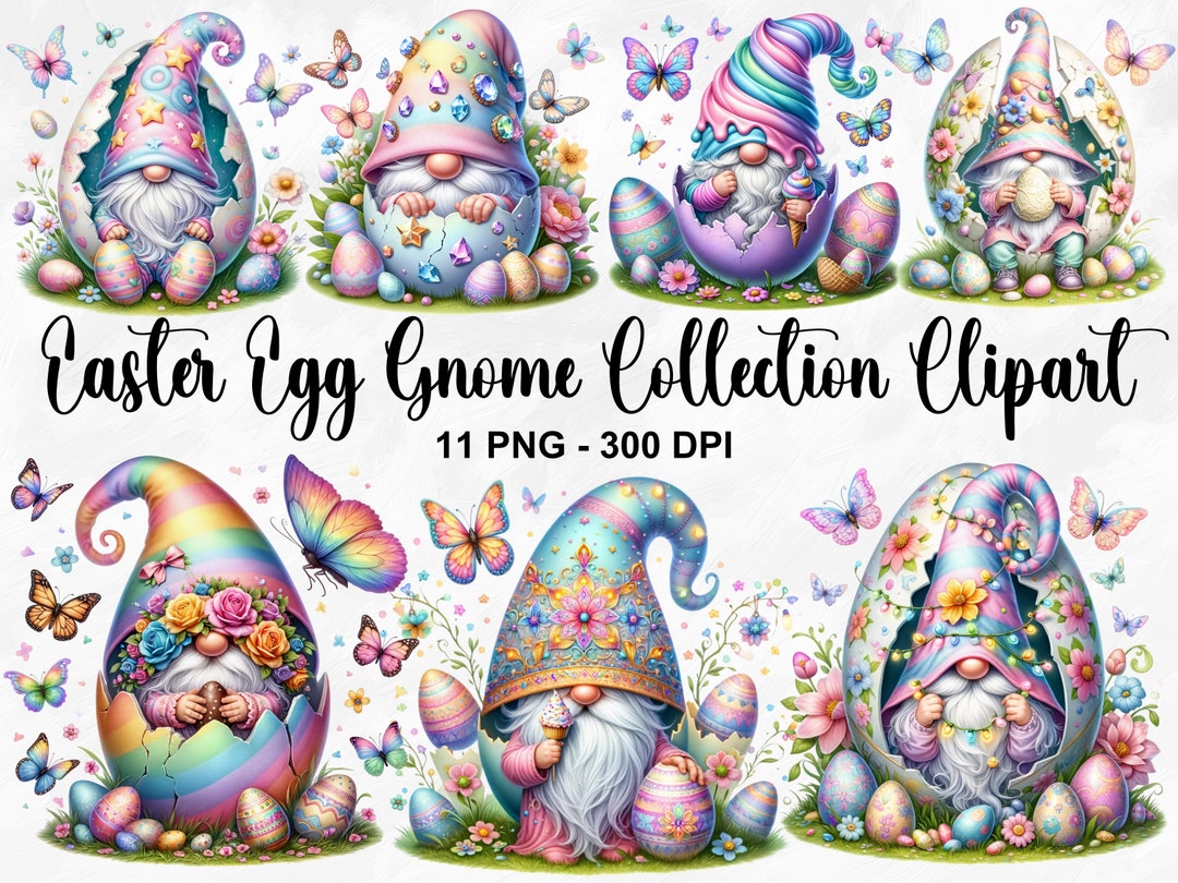 Watercolor Easter Egg Gnome Collection Clipart, 11 PNG Easter Clipart ...