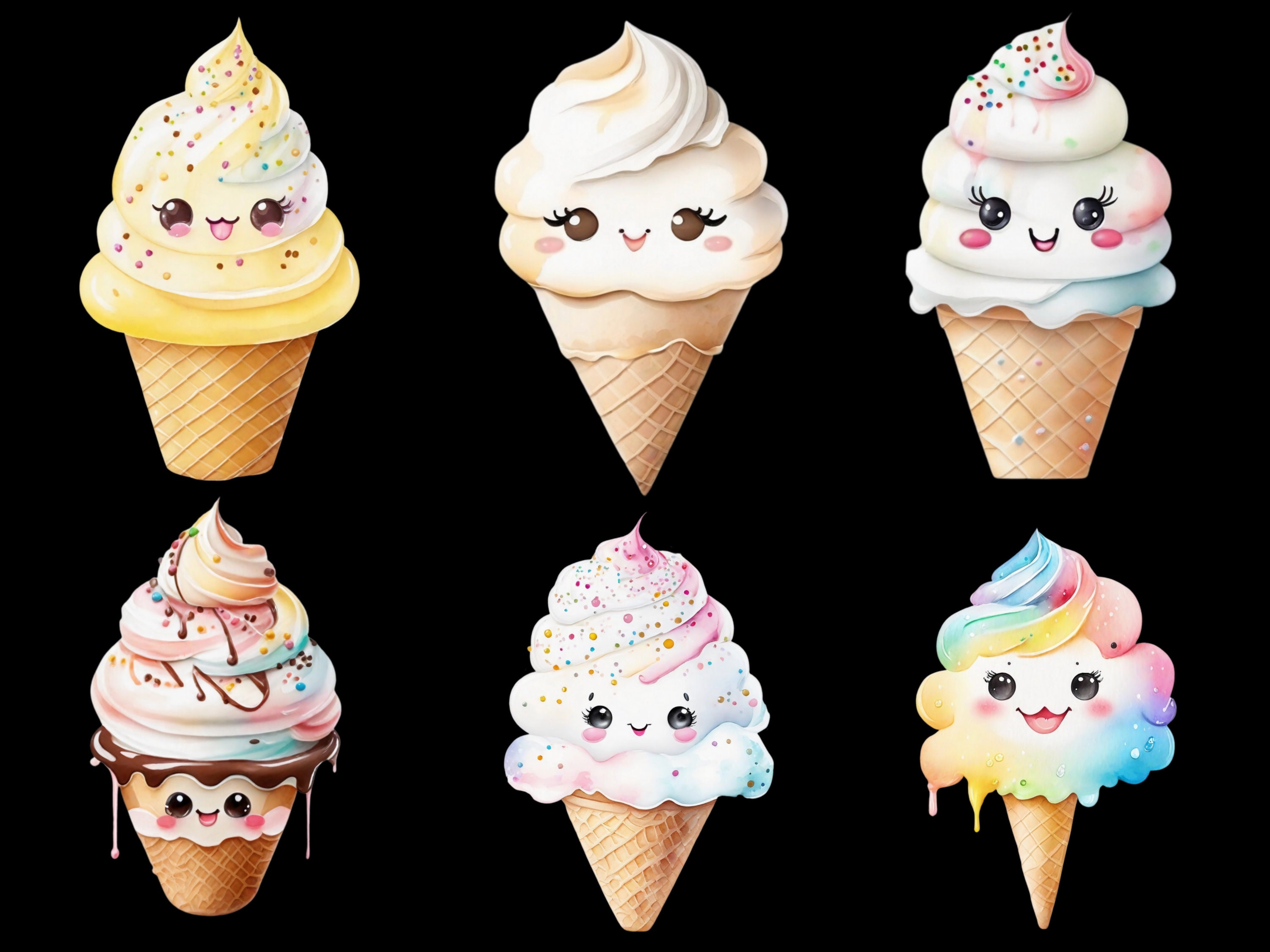 Watercolor Kawaii Ice Cream Clipart, 30 PNG Ice Cream Clipart, Kawaii ...