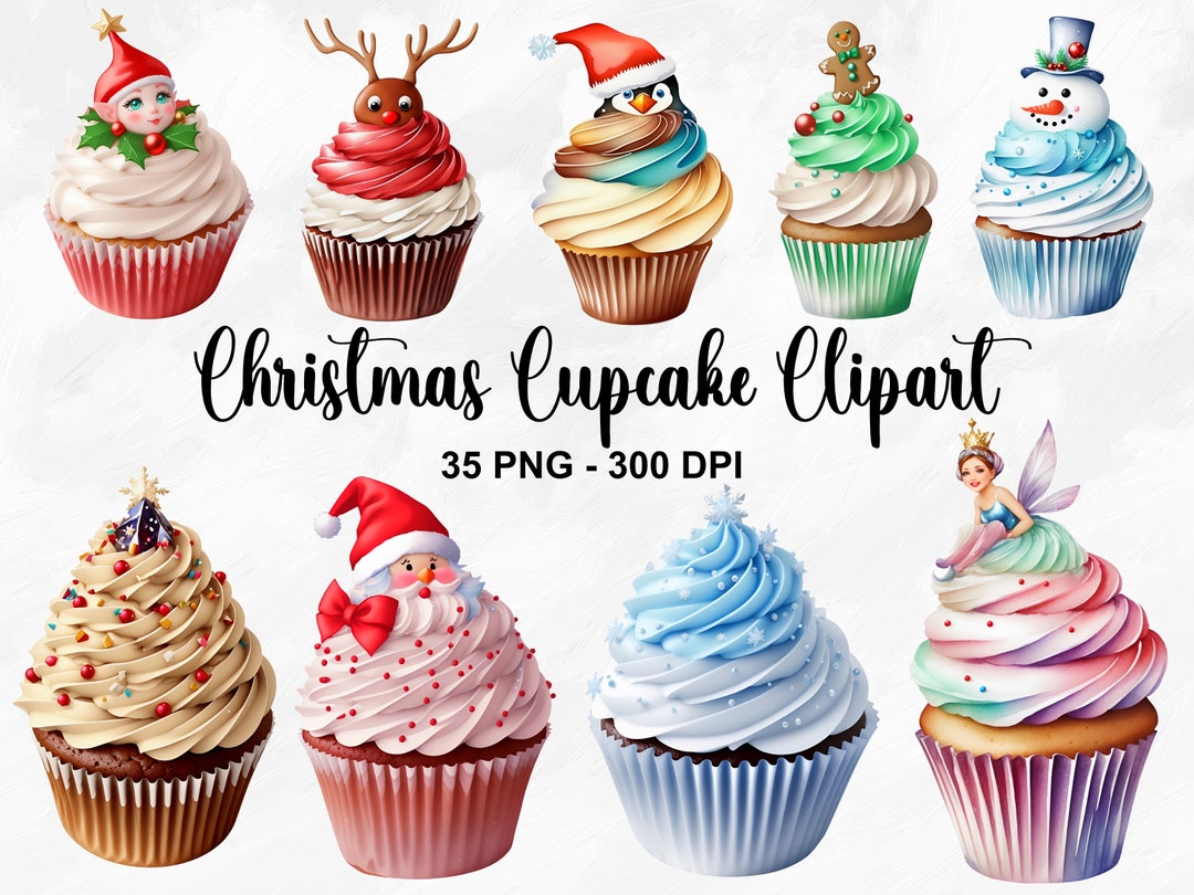 Watercolor Christmas Cupcake Clipart, 35 PNG Cupcake Clipart, Christmas ...