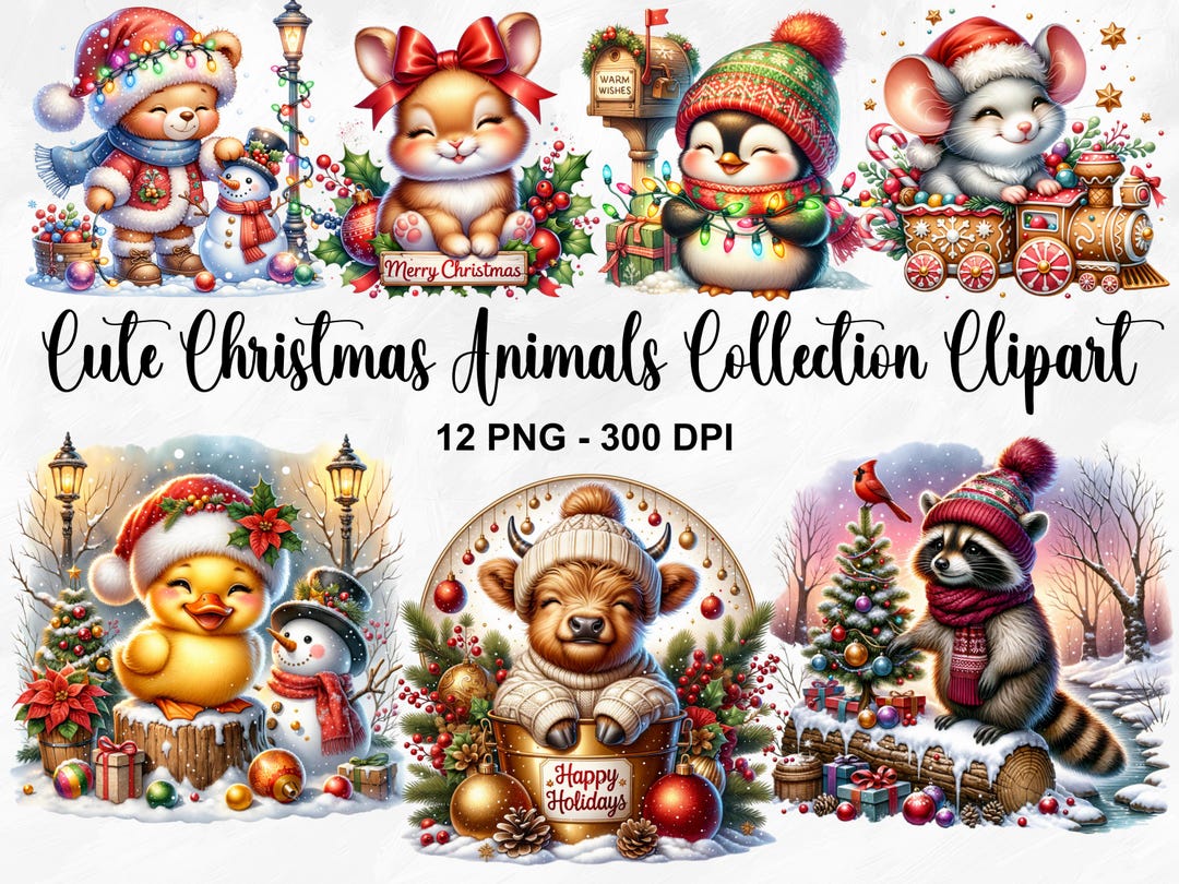 Watercolor Cute Christmas Animals Collection Clipart, 12 PNG Christmas ...