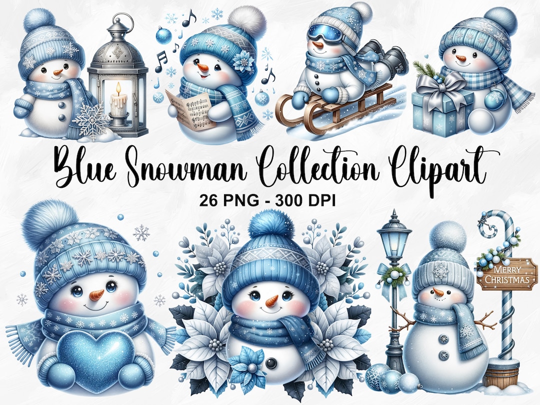Watercolor Blue Snowman Collection Clipart, 26 PNG Festive Snowman ...