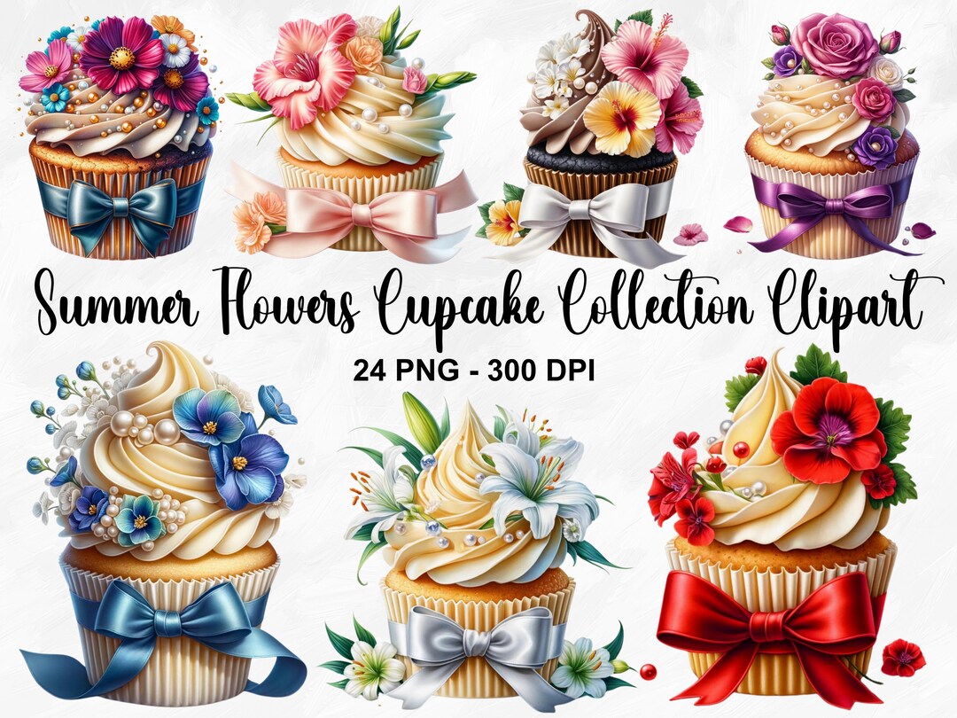 Watercolor Summer Flowers Cupcake Clipart, 24 PNG Cupcake Clipart ...