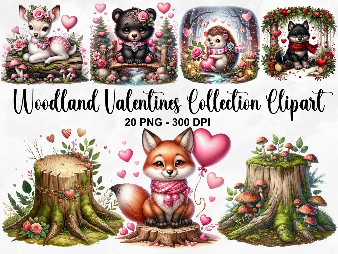 Watercolor Woodland Valentines Collection Clipart, 20 PNG Valentines ...
