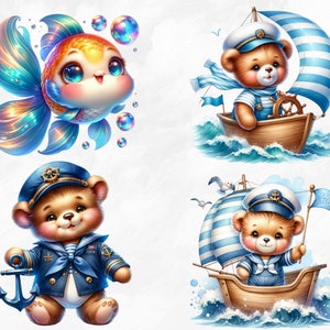 Watercolor Sailor Teddy Bear Collection Clipart, 39 PNG Baby Bear ...