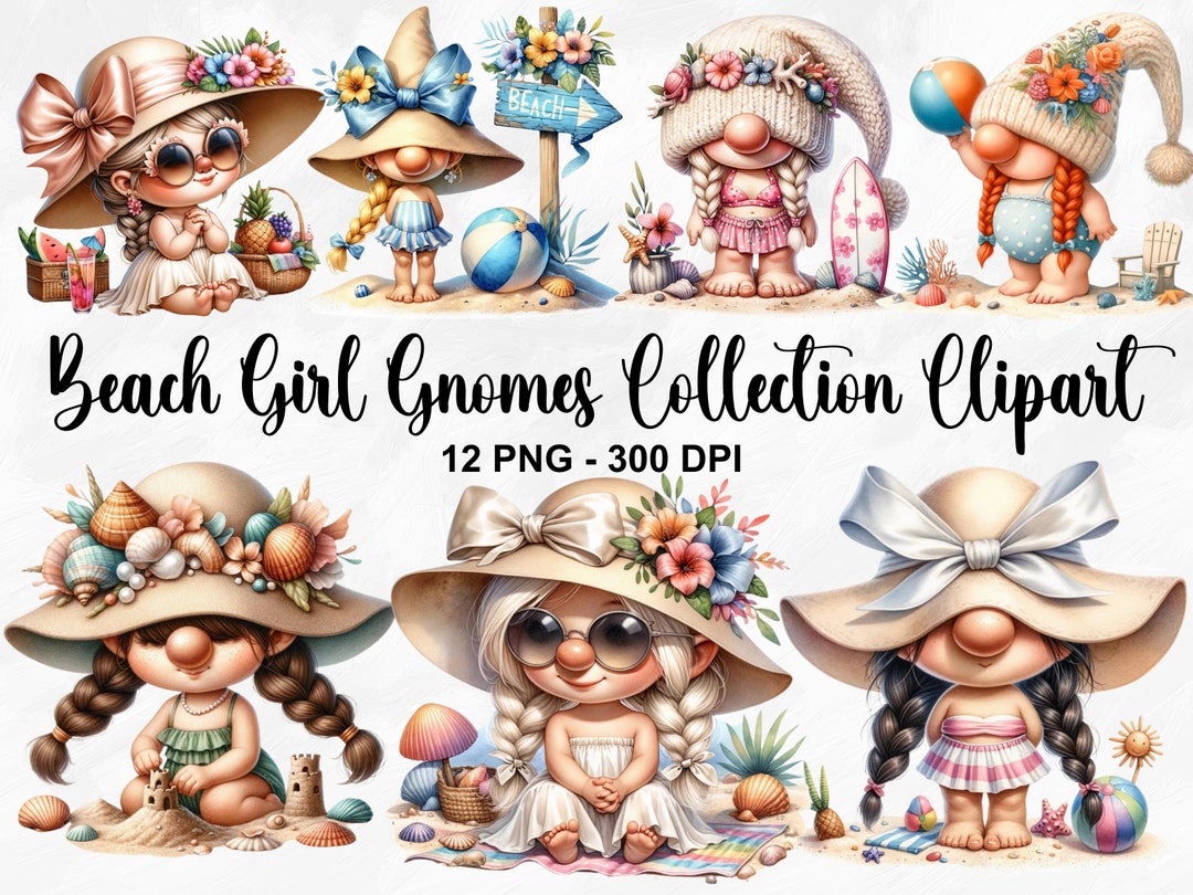 Watercolor Beach Girl Gnomes Collection Clipart, 12 PNG Beach Clipart ...