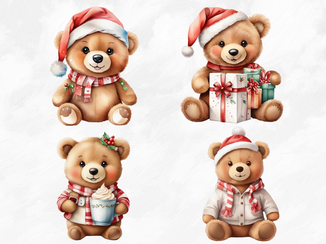 Watercolor Christmas Teddy Bear Clipart 19 PNG Holiday Teddy - Etsy