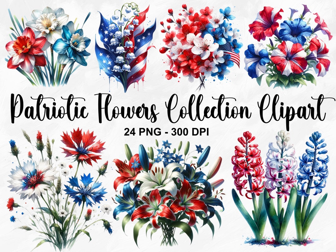 Watercolor Patriotic Flowers Collection Clipart, 24 PNG Floral Clipart ...
