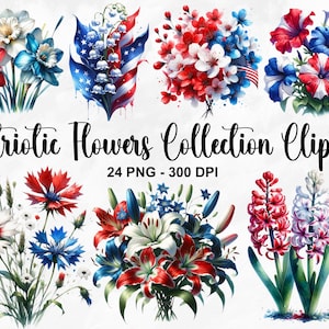 Watercolor Patriotic Flowers Collection Clipart, 24 PNG Floral Clipart ...