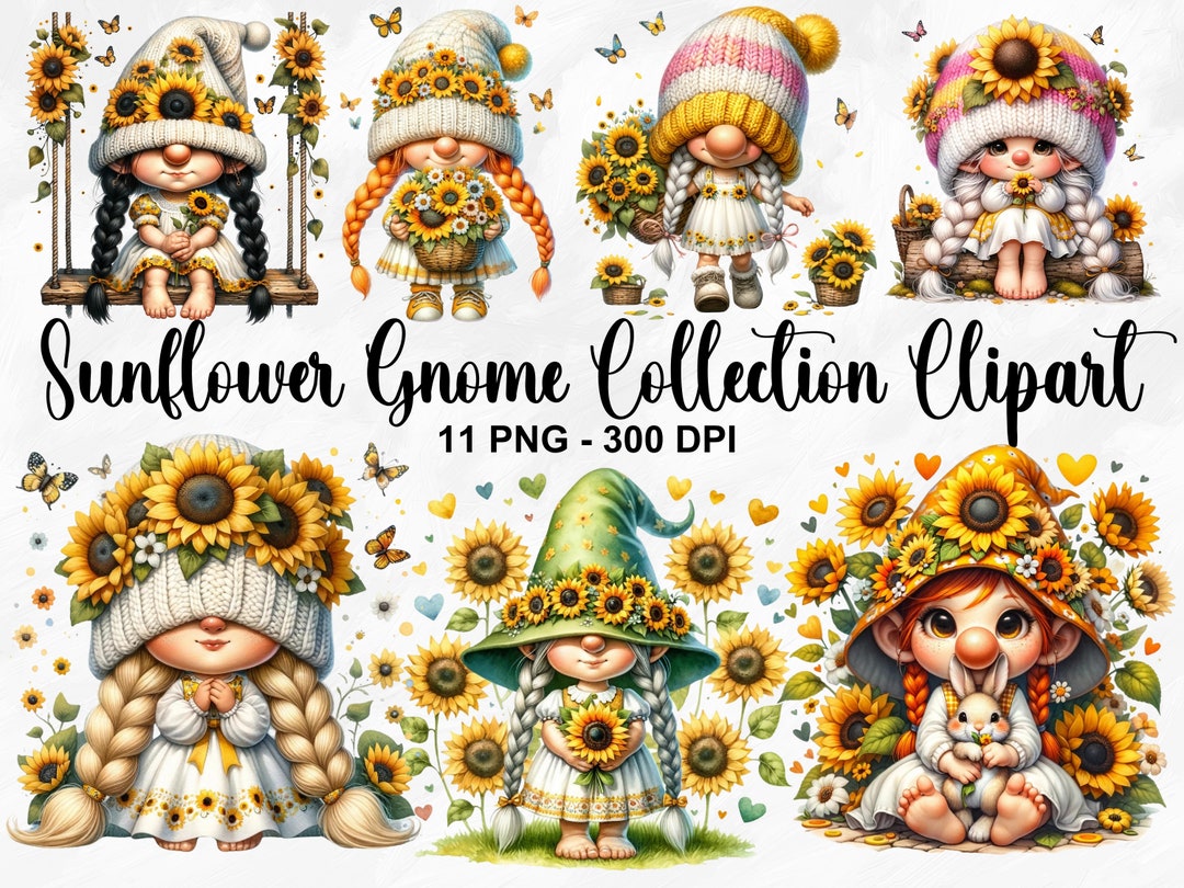 Watercolor Sunflower Gnome Clipart, 11 PNG Garden Gnome Clipart ...
