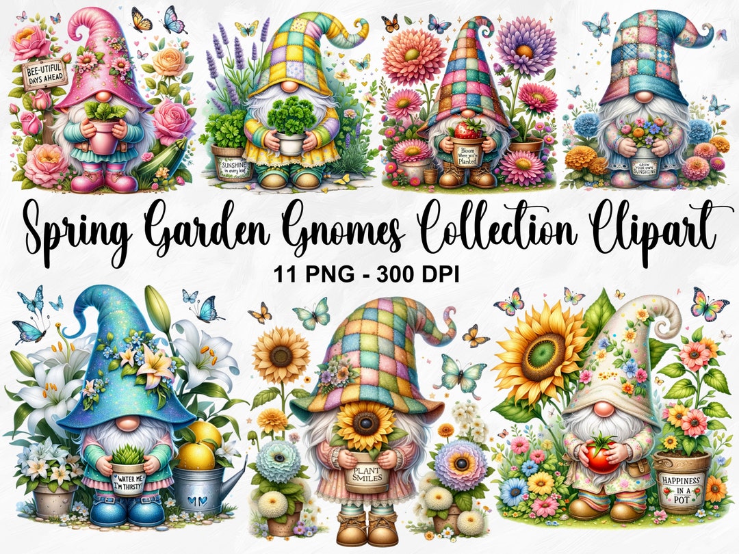 Watercolor Spring Garden Gnomes Clipart, 11 PNG Garden Gnome Clipart ...