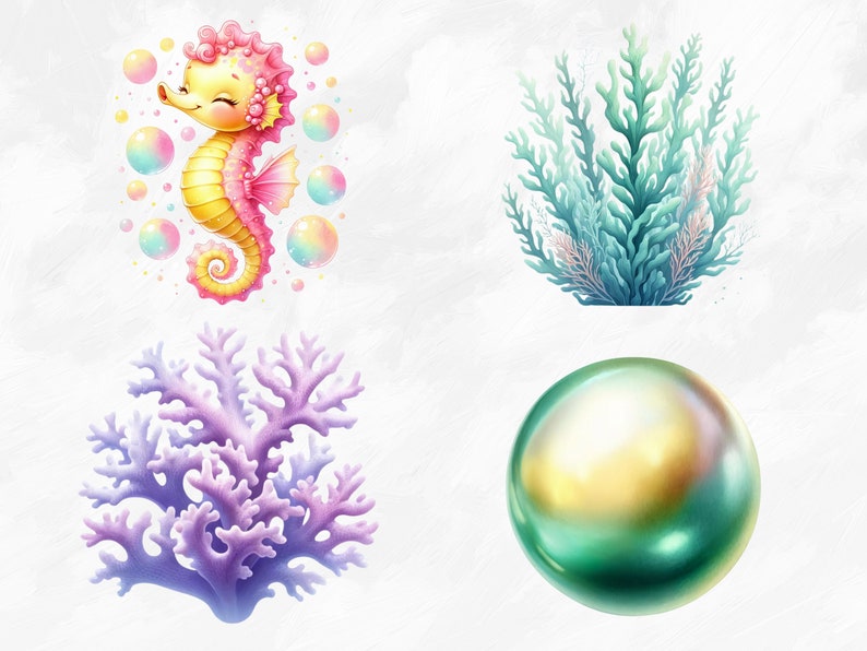 Watercolor Little Sea Animals Collection Clipart, 24 PNG Mermaid ...