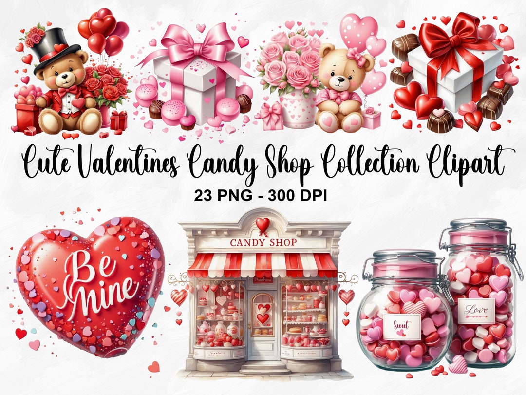 Watercolor Cute Valentines Candy Shop Clipart, 23 PNG Valentines Day ...