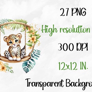 Watercolor Baby Animals on Swings Clipart, 27 PNG Safari Animals ...
