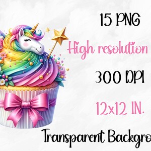 Watercolor Unicorn Cupcakes Collection Clipart, 15 PNG Unicorn Clipart ...