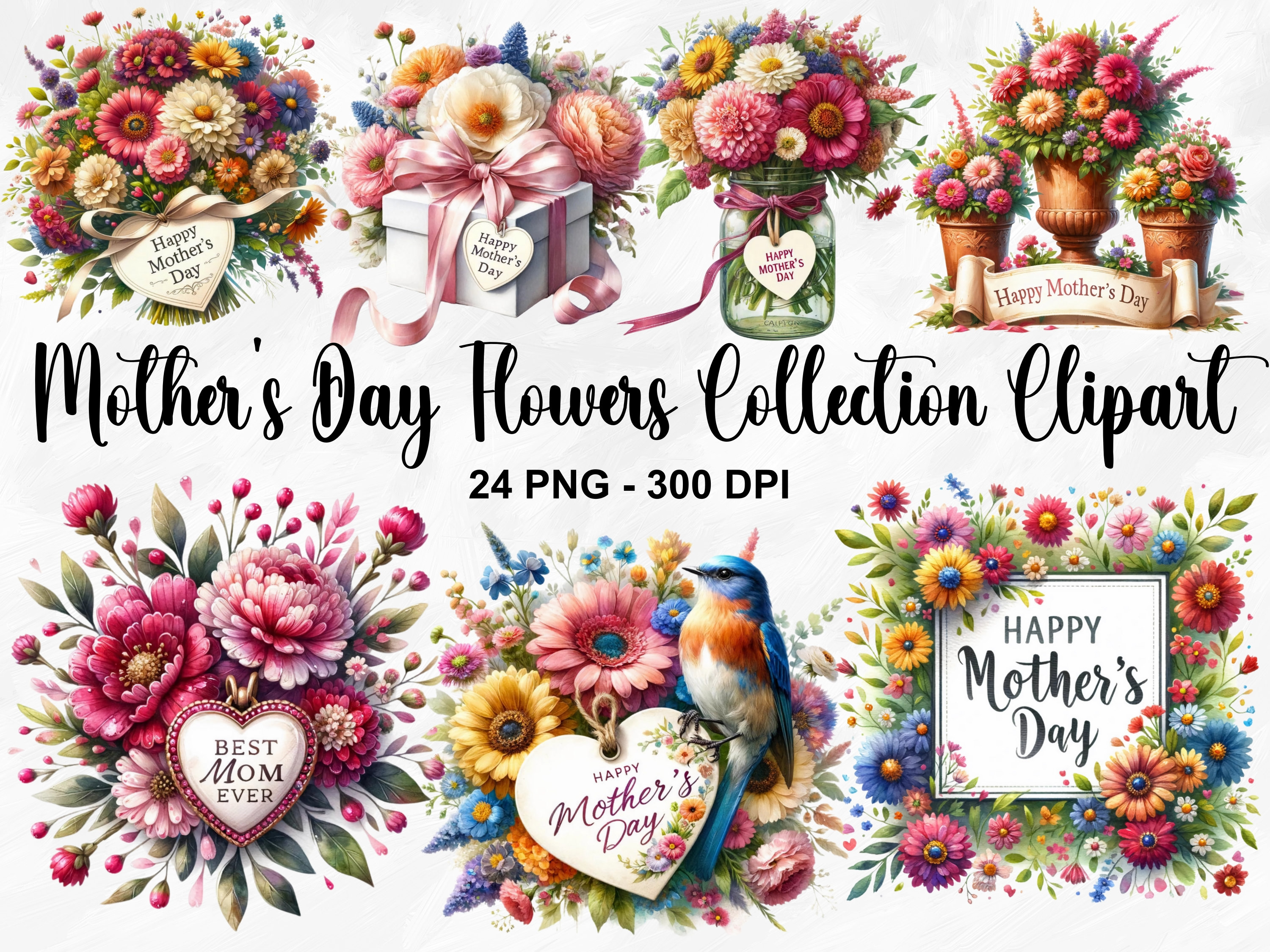 Watercolor Mothers Day Flowers Collection Clipart, 24 PNG Wildflower ...