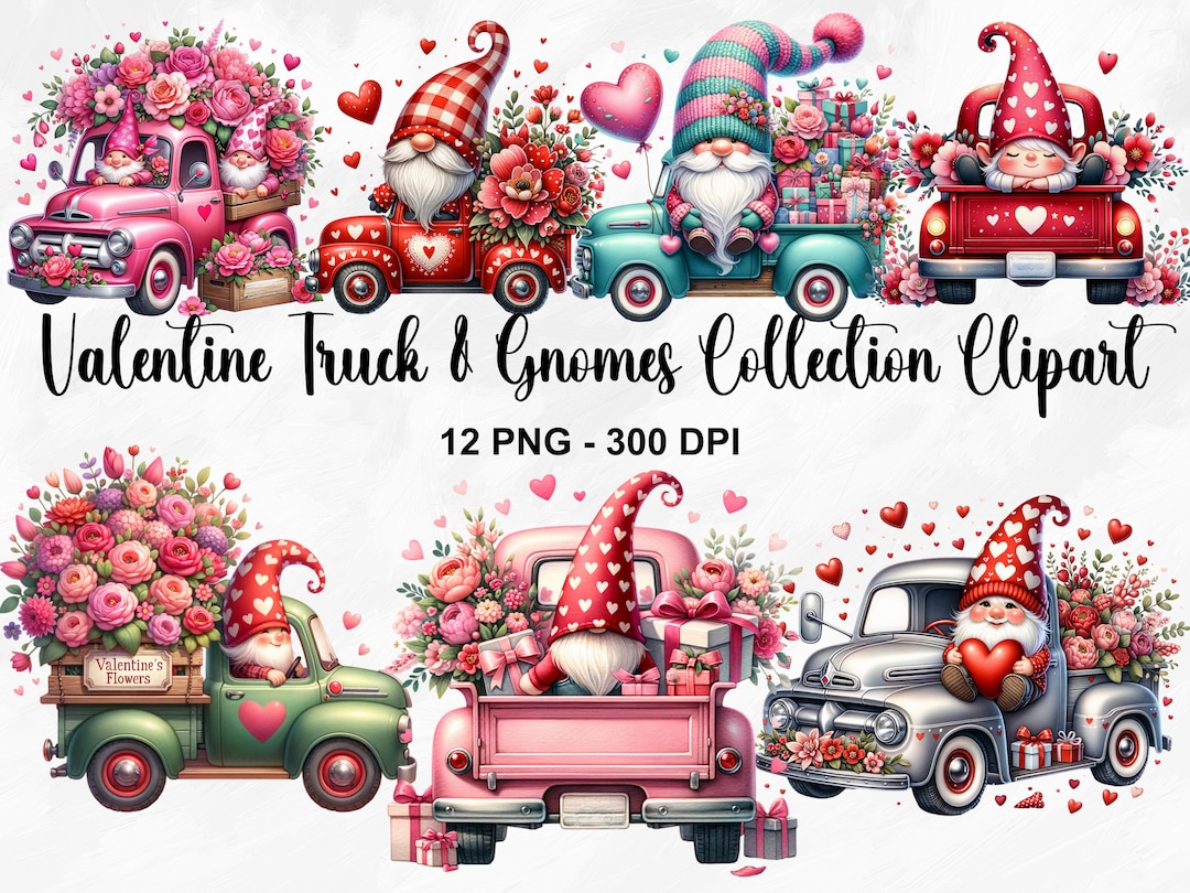 Watercolor Valentine Truck & Gnomes Clipart, 12 PNG Valentines Clipart ...
