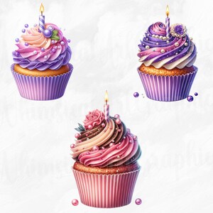 Watercolor Birthday Cupcakes Collection Clipart, 11 PNG Birthday ...