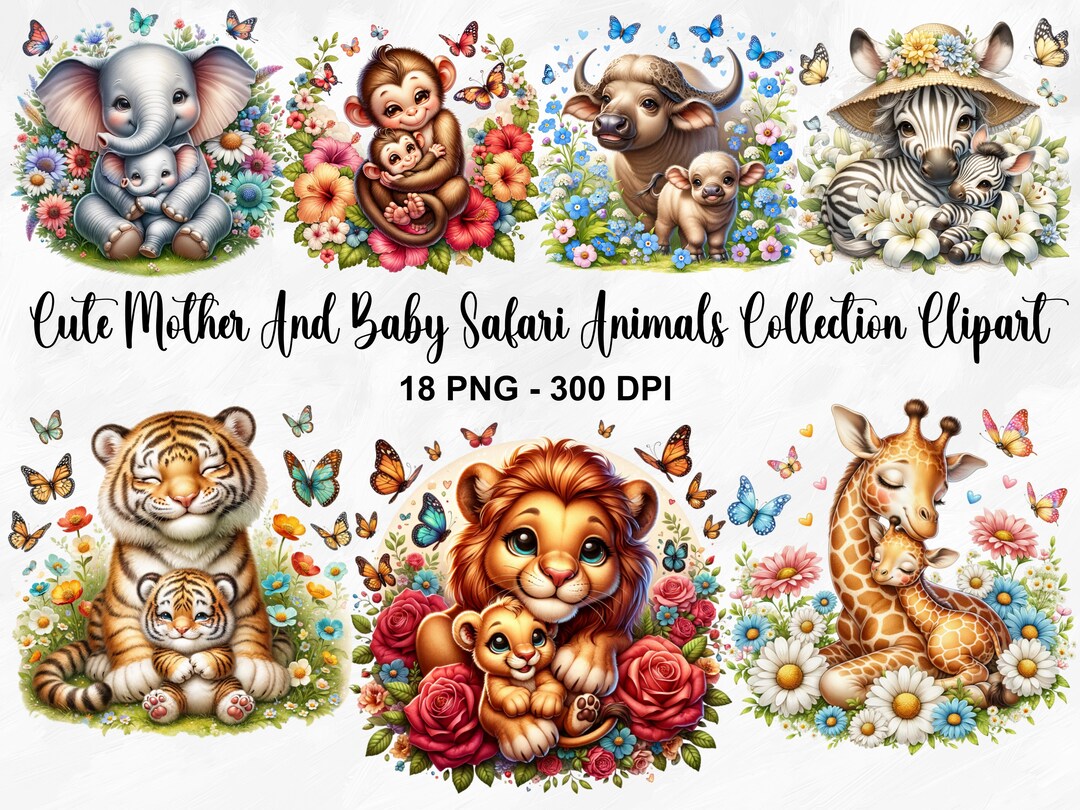 Watercolor Cute Mother and Baby Safari Animals Clipart, 18 PNG Baby ...