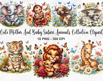 Watercolor Cute Mother and Baby Animals Collection Clipart, 30 PNG Baby ...
