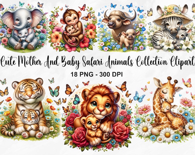 10 Watercolor Animal Mother and Baby Clipart Mothers Day Clipart High ...