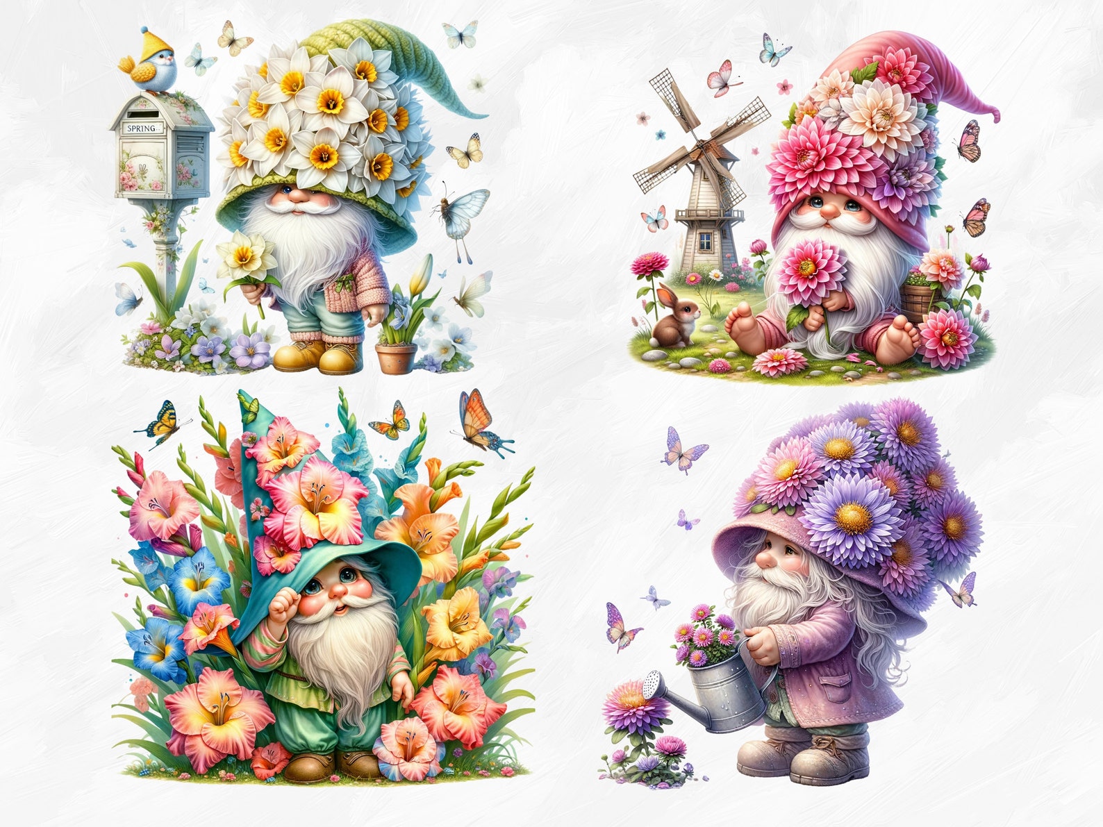 Watercolor Birth Month Flower Gnomes Clipart, 36 PNG Garden Gnome ...