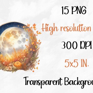 Watercolor Autumn Harvest Moons Clipart, 15 PNG Watercolor Moons ...