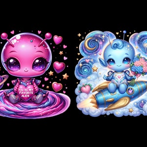 Watercolor Cute Valentines Aliens Clipart, 11 PNG Valentines Day ...