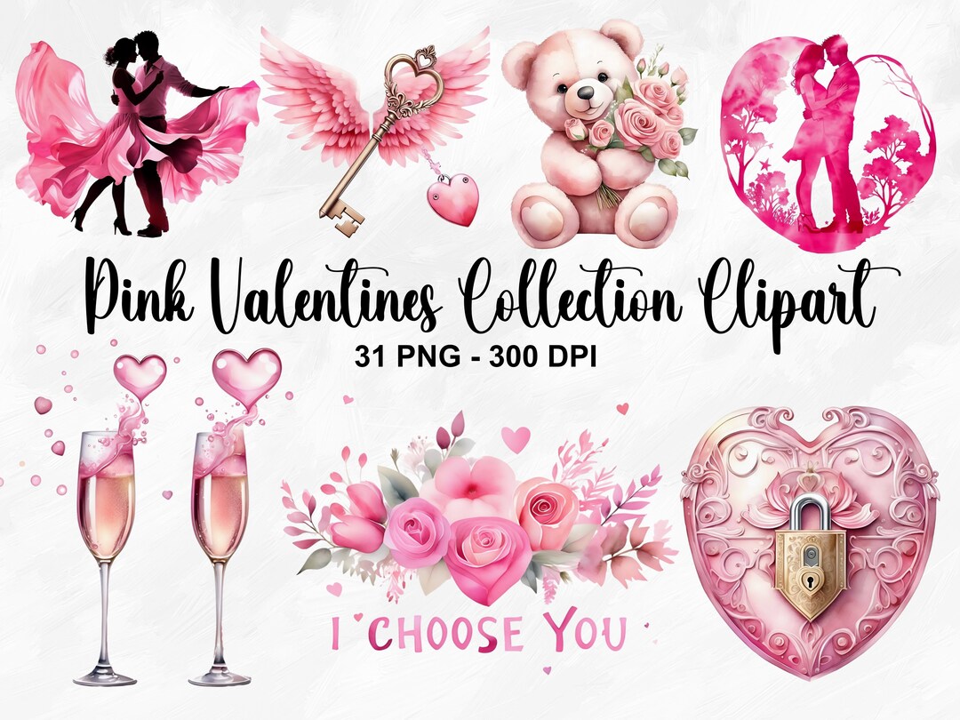 Watercolor Pink Valentines Collection Clipart, 31 PNG Valentines Day ...