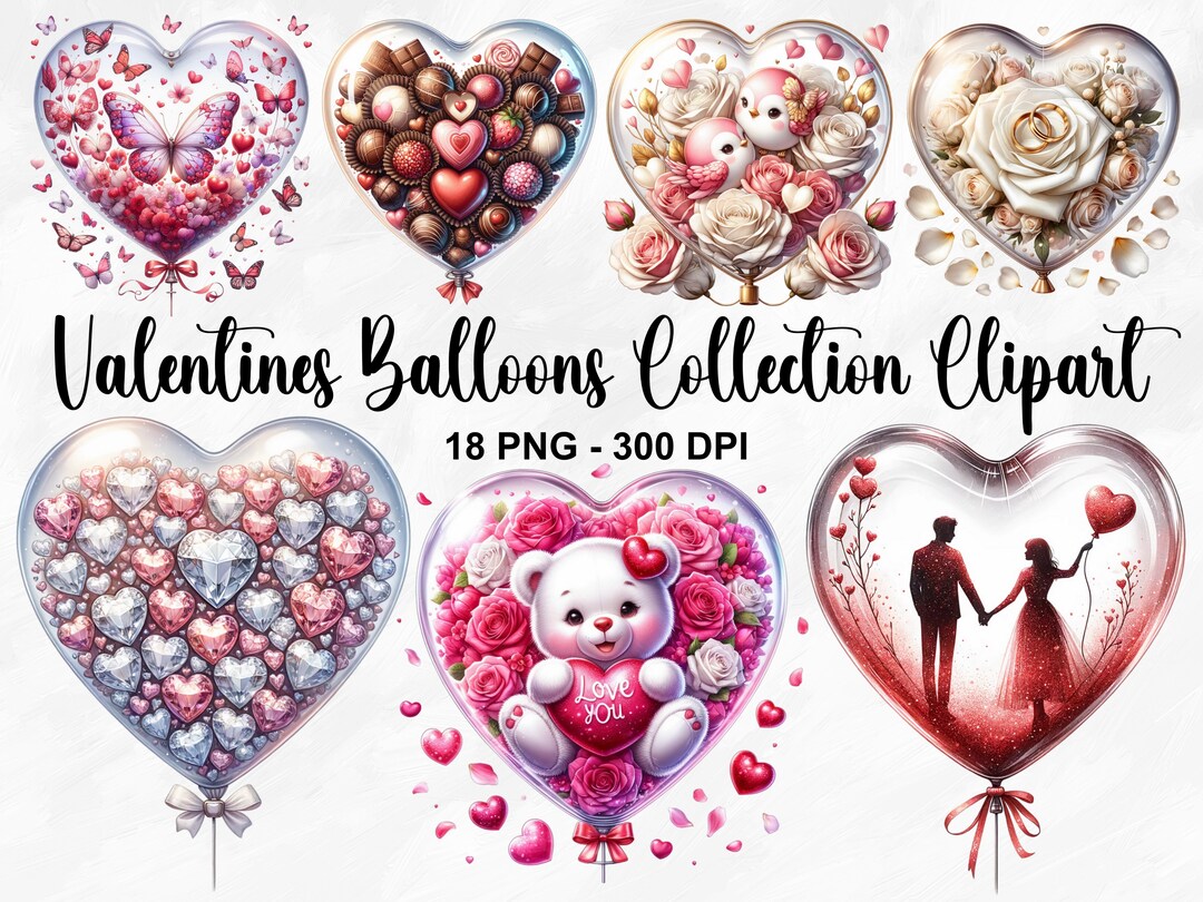 Watercolor Valentines Balloons Collection Clipart, 18 PNG Valentines ...